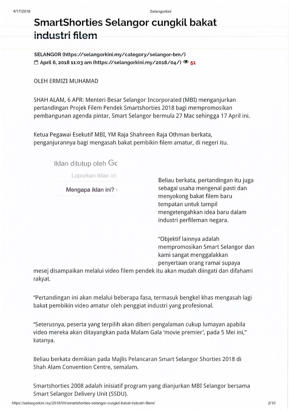 SmartShorties Selangor cungkil bakat industri filem – Menteri Besar ...