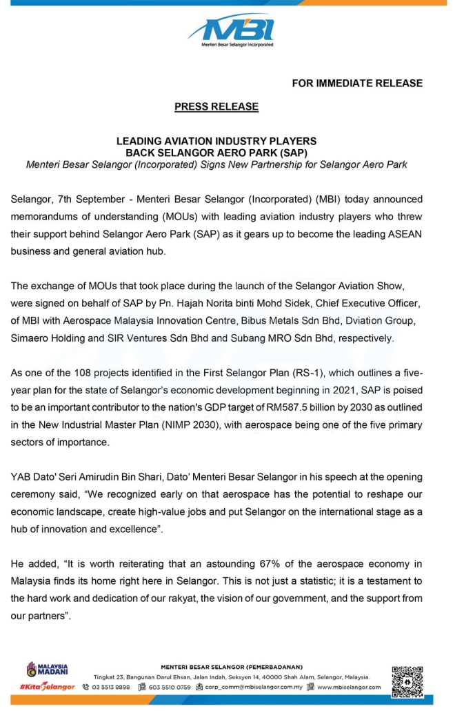 LEADING AVIATION INDUSTRY PLAYERS BACK SELANGOR AERO PARK (SAP ...